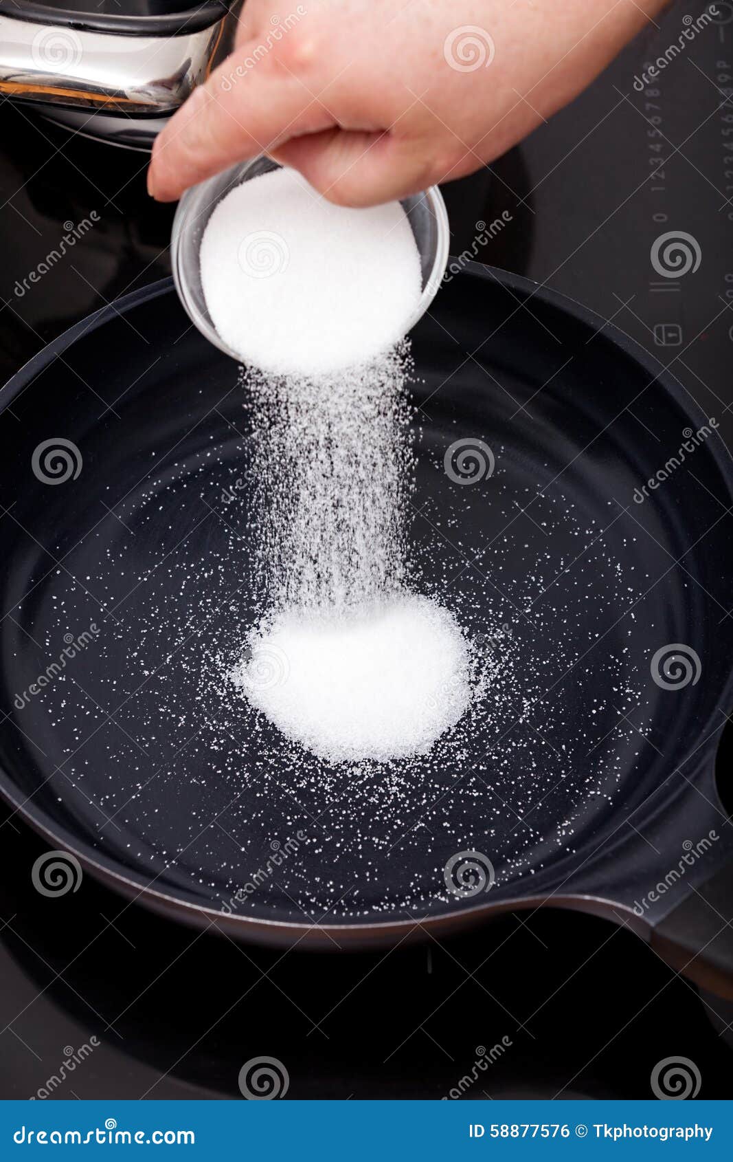 Pour white sugar in pan stock photo. Image of frying - 58877576