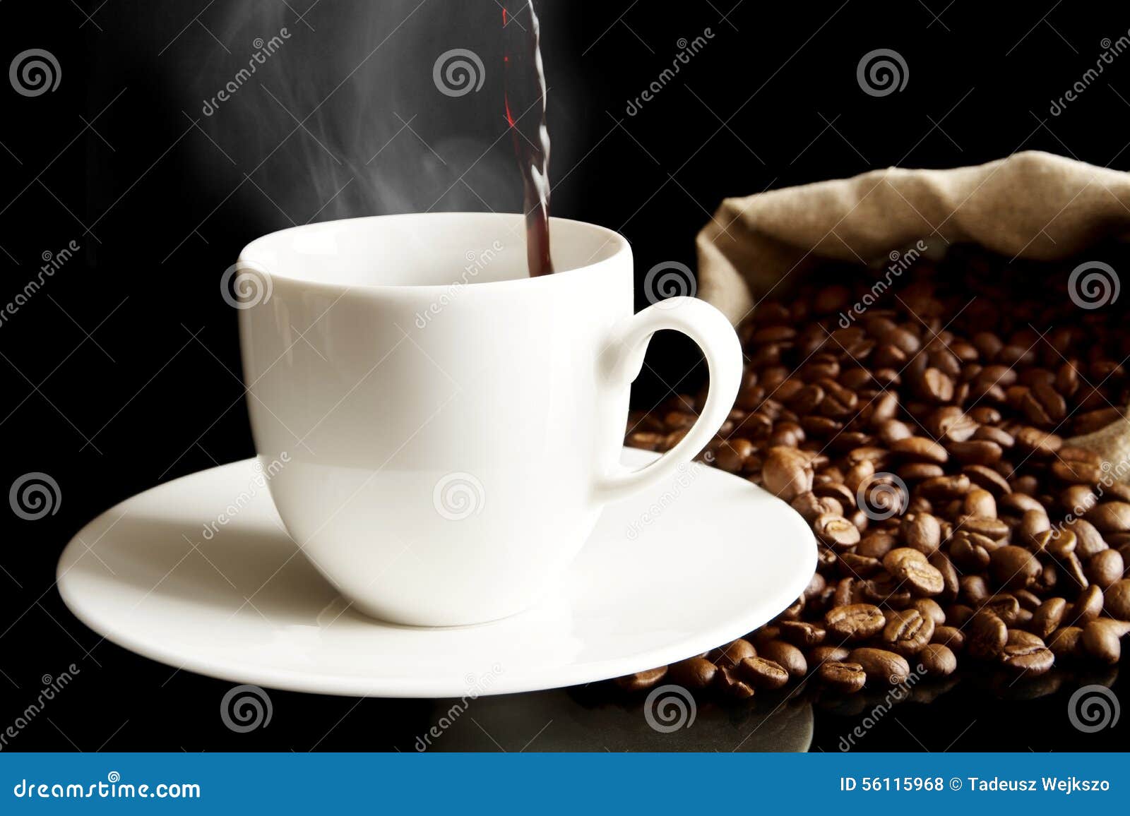 Poured Coffee To Cup with Full Bag Isolated on Black Stock Photo ...