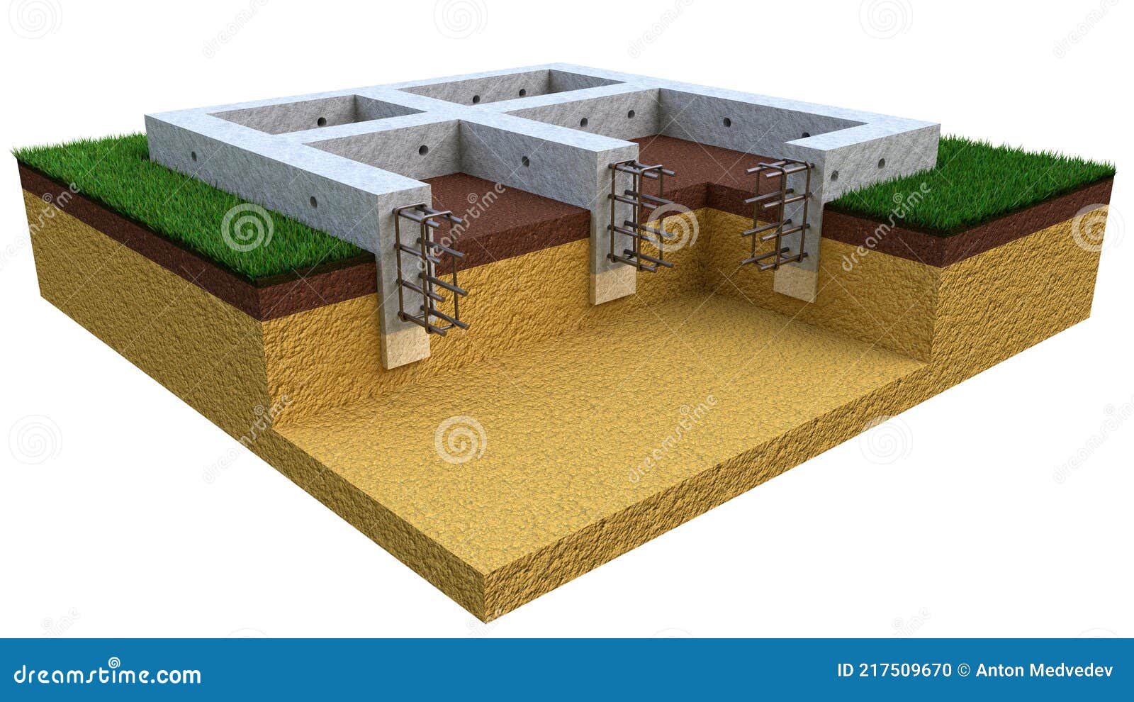 Poured Reinforced Concrete Wall Base - Isolated Computer Generated ...