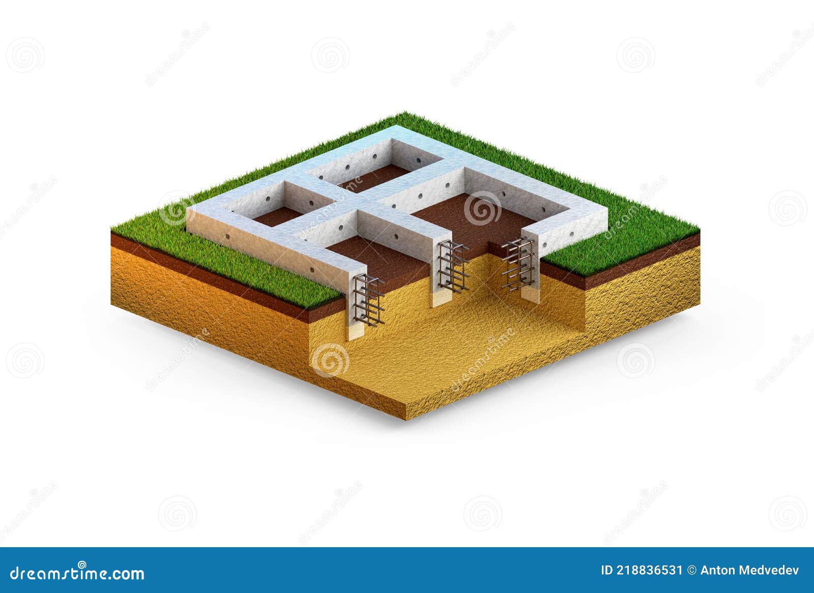 Poured Reinforced Concrete Wall Foundation, Isolated Computer Generated ...