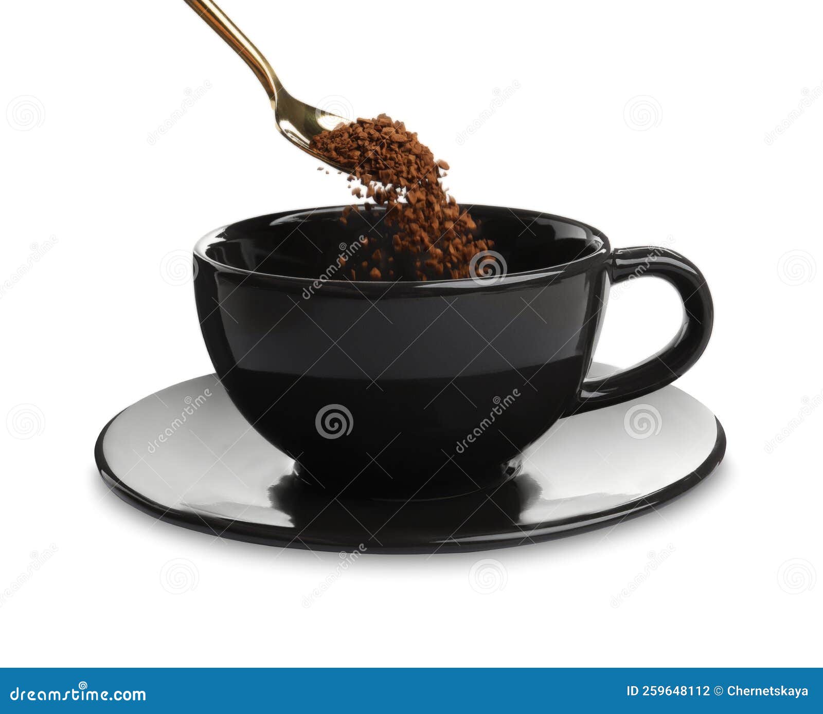 Pouring Aromatic Instant Coffee into Black Cup on White Background ...
