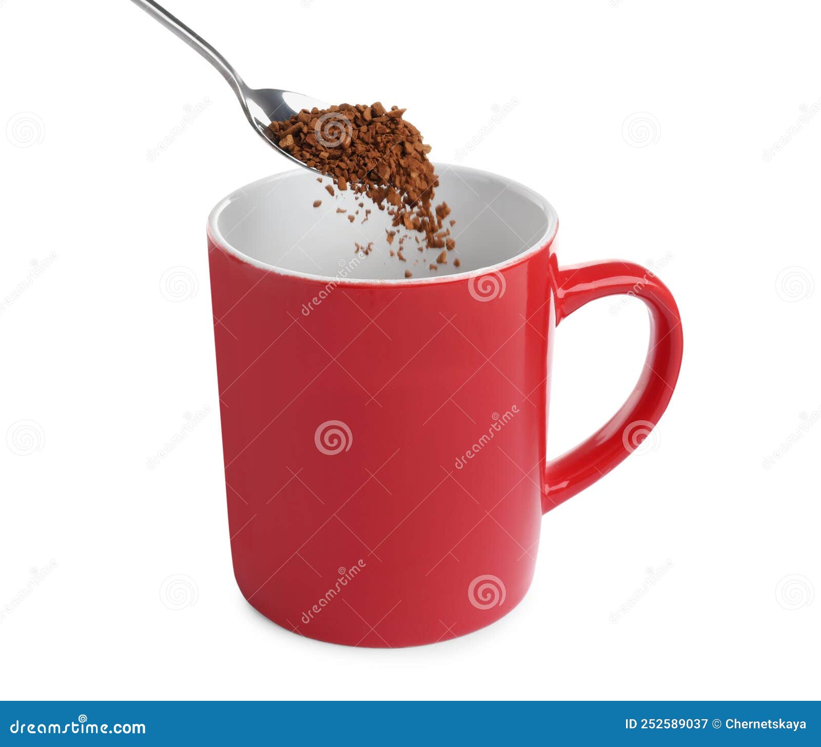 Pouring Aromatic Instant Coffee into Red Cup on White Background Stock ...