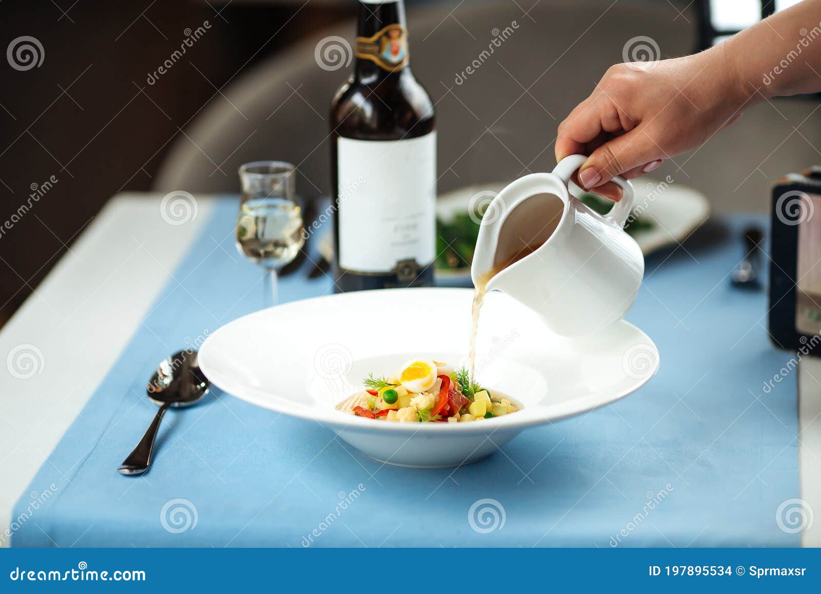 Pouring Broth in a Plate with Soup Vegetables Stock Photo - Image of ...