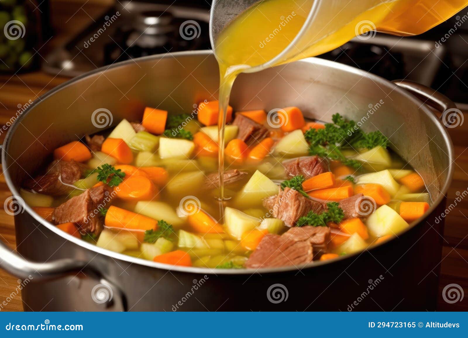 Pouring Broth into a Pot of Beef Stew Stock Image - Image of simmering ...
