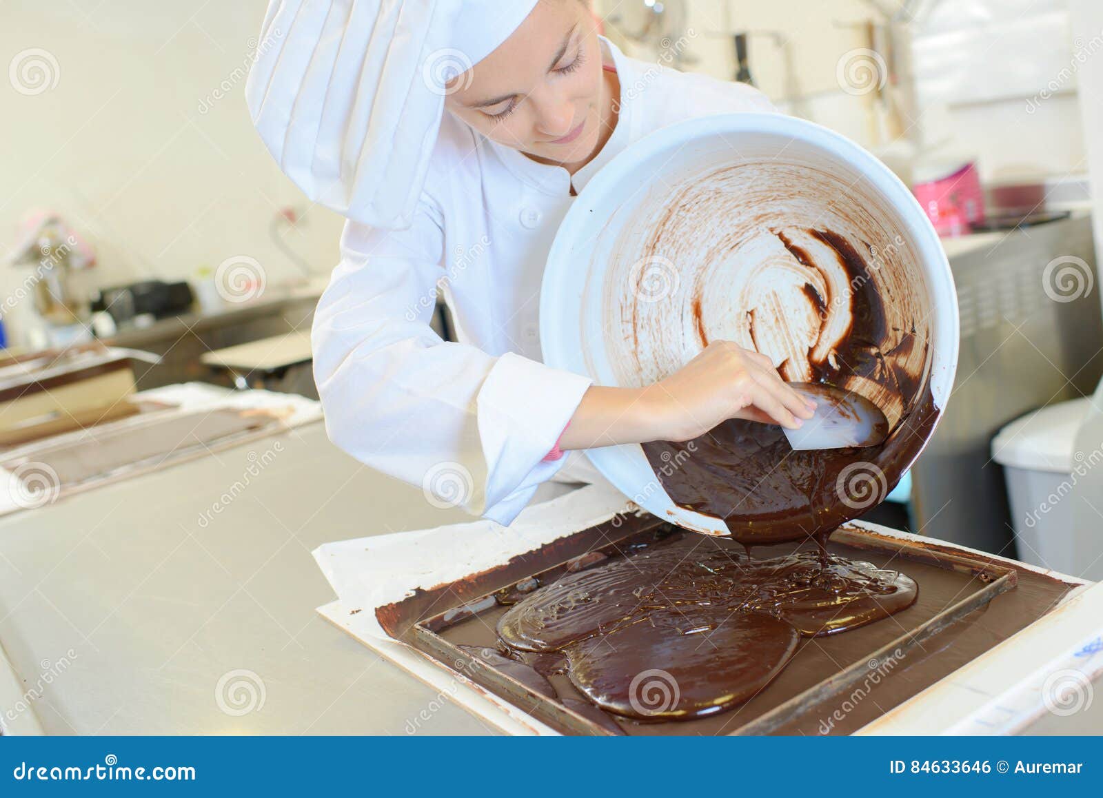 Pouring Chocolate into Mould Stock Photo - Image of mixture, service ...