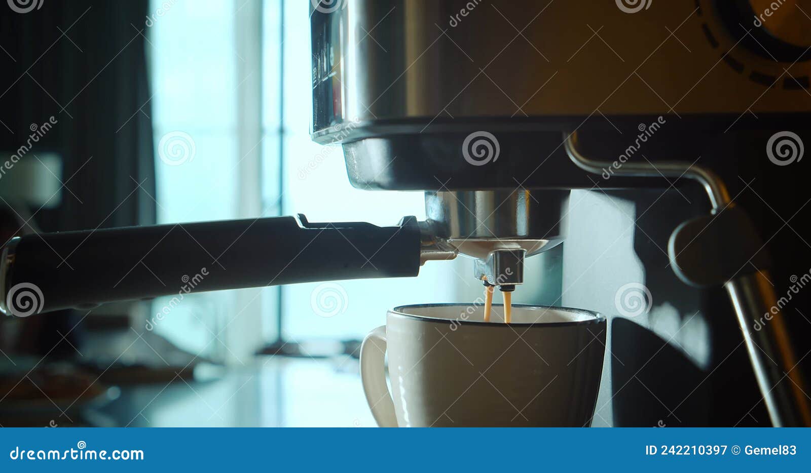 Pouring Coffee Stream from Machine in Cup. Home Making Hot Espresso ...