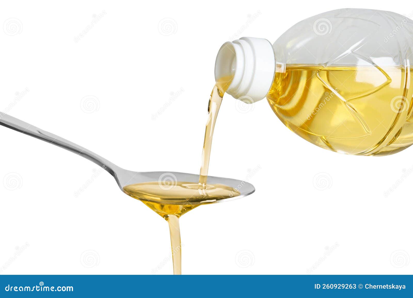 Pouring Cooking Oil from Bottle into Spoon on White Background, Closeup ...