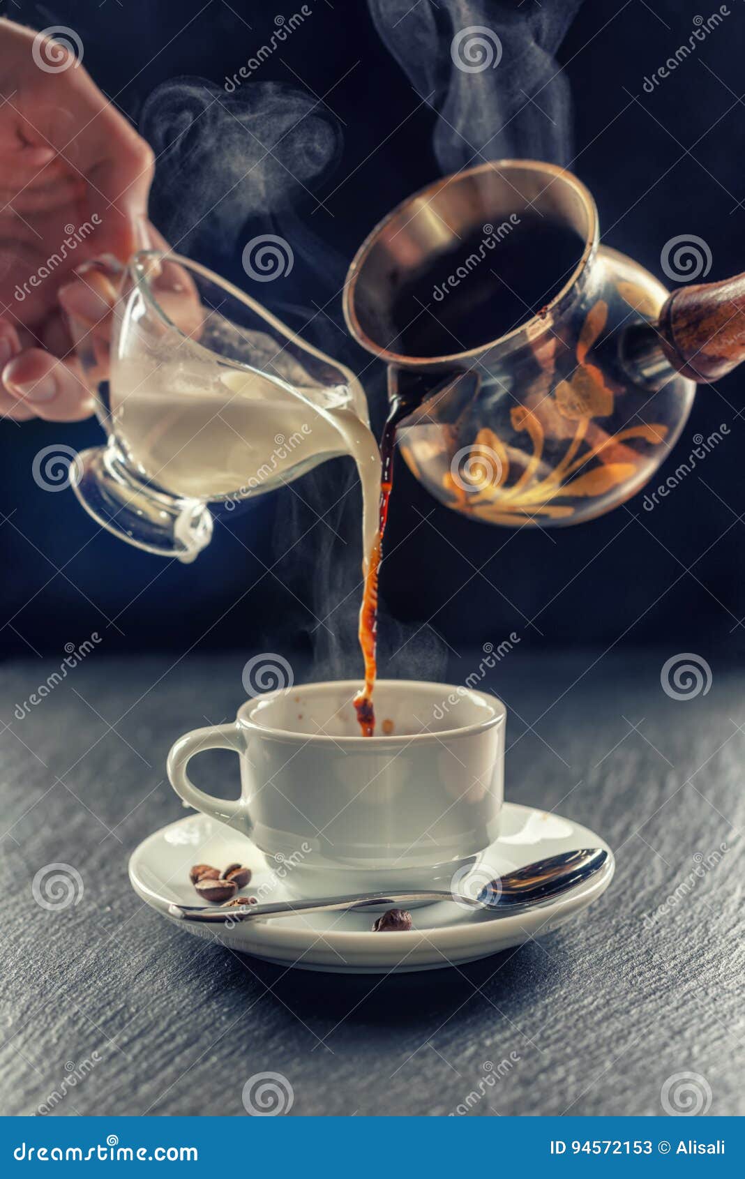 Pouring Cup of Hot Coffee and Milk Stock Image - Image of break, brewed ...