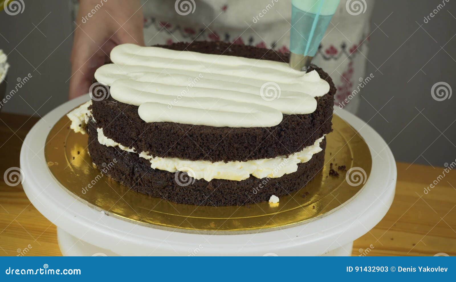 Pouring Frosting on Cake. Making Chocolate Layer Cake. Series. Stock ...