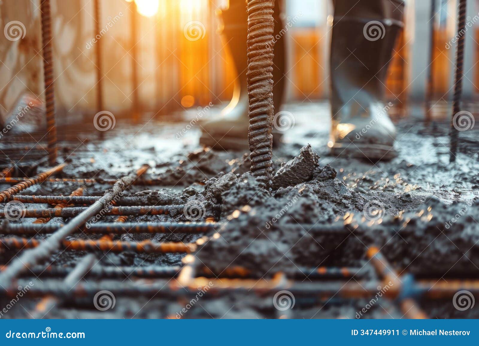 Pouring Liquid Concrete into Reinforcement at a Construction Site Stock ...