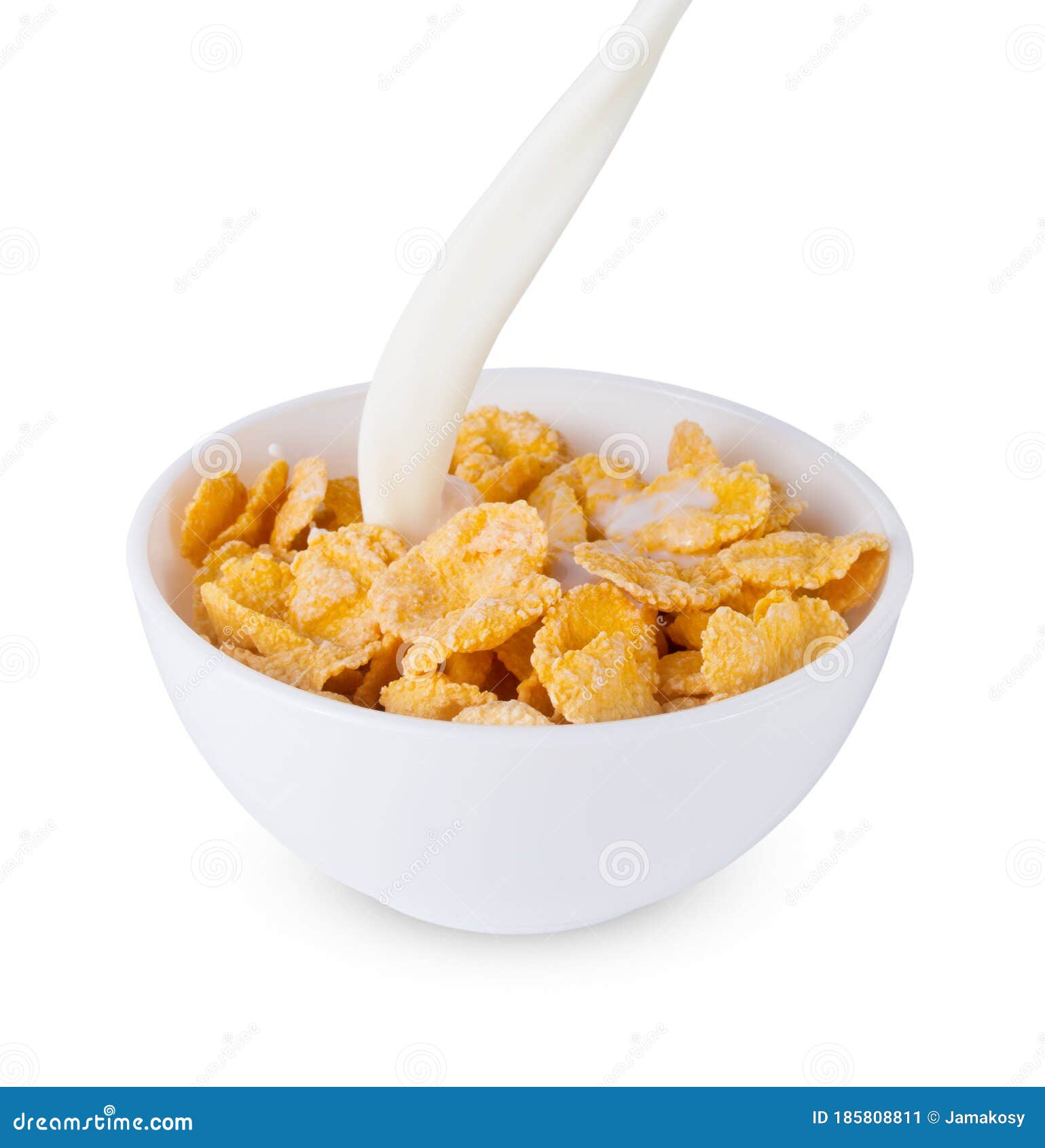 Pouring Milk into Corn Flakes Creating Splash Isolated on White ...