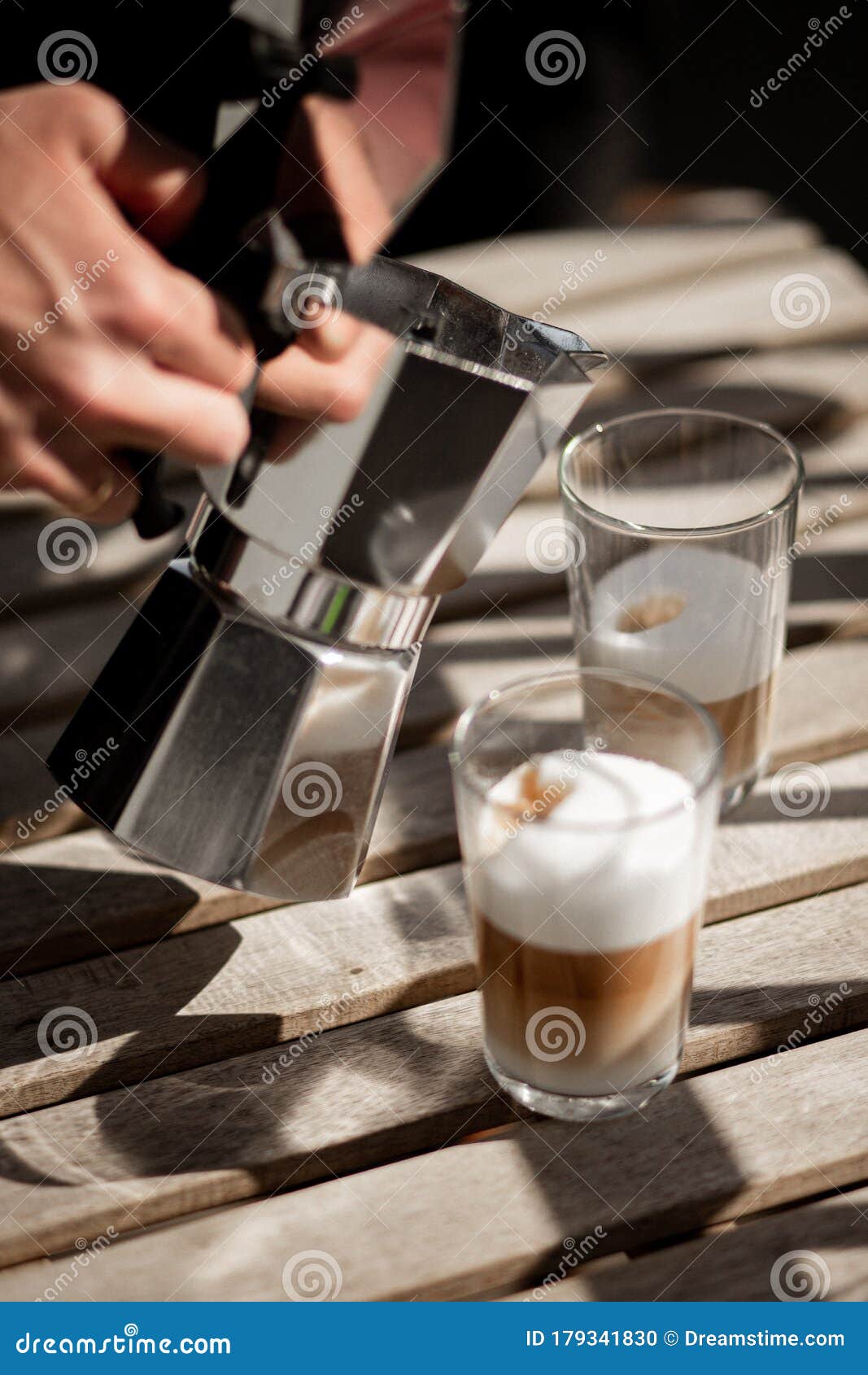 Pouring Morning Coffee from a Moka Pot Stock Photo - Image of cafe ...