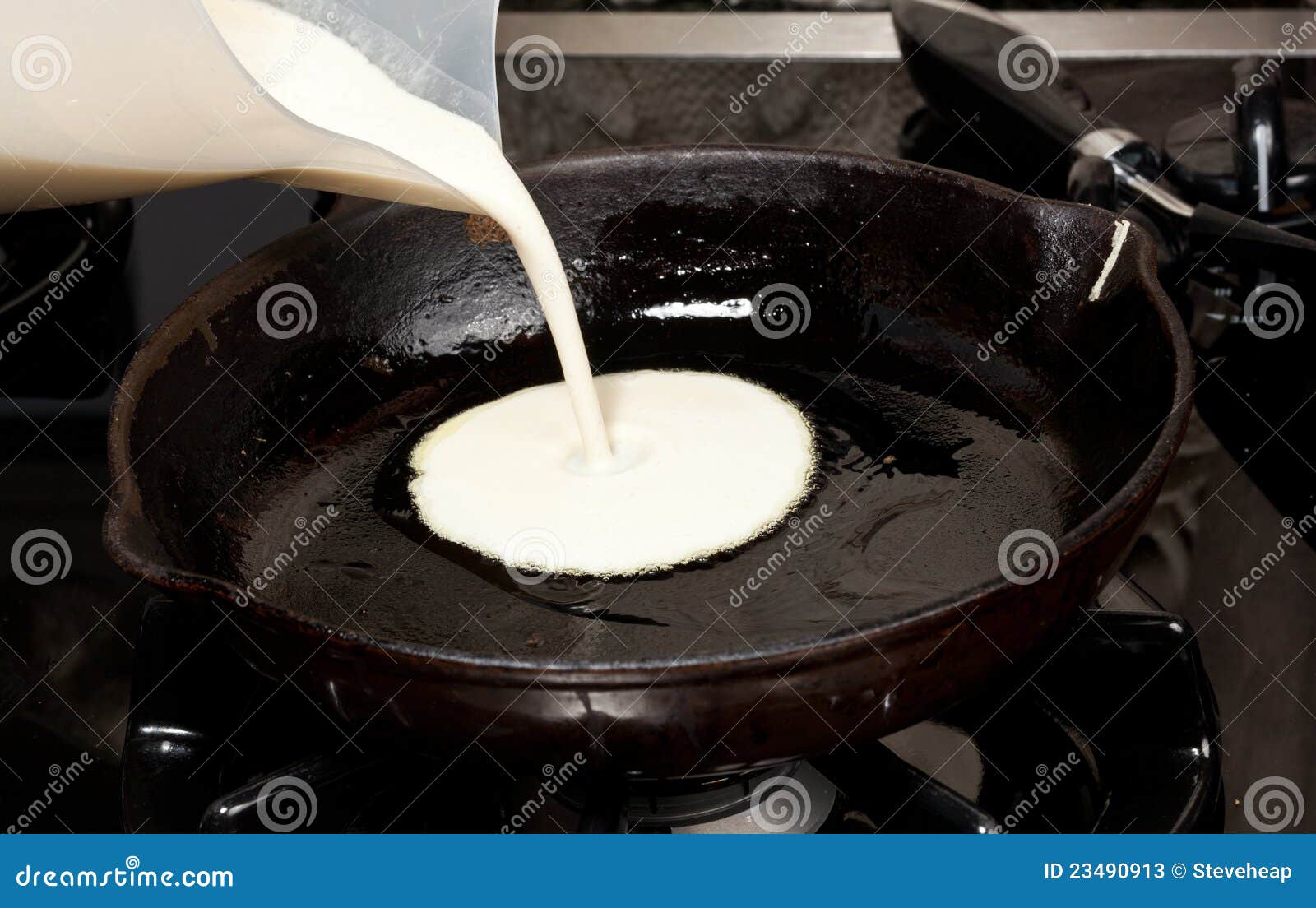 Pouring Pancake Mix into Frying Pan Stock Image - Image of kitchen ...