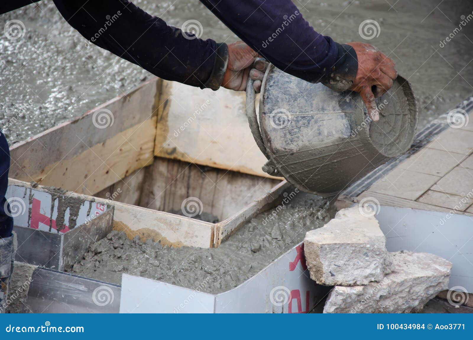 Pouring of plaster stock photo. Image of mixing, work - 100434984