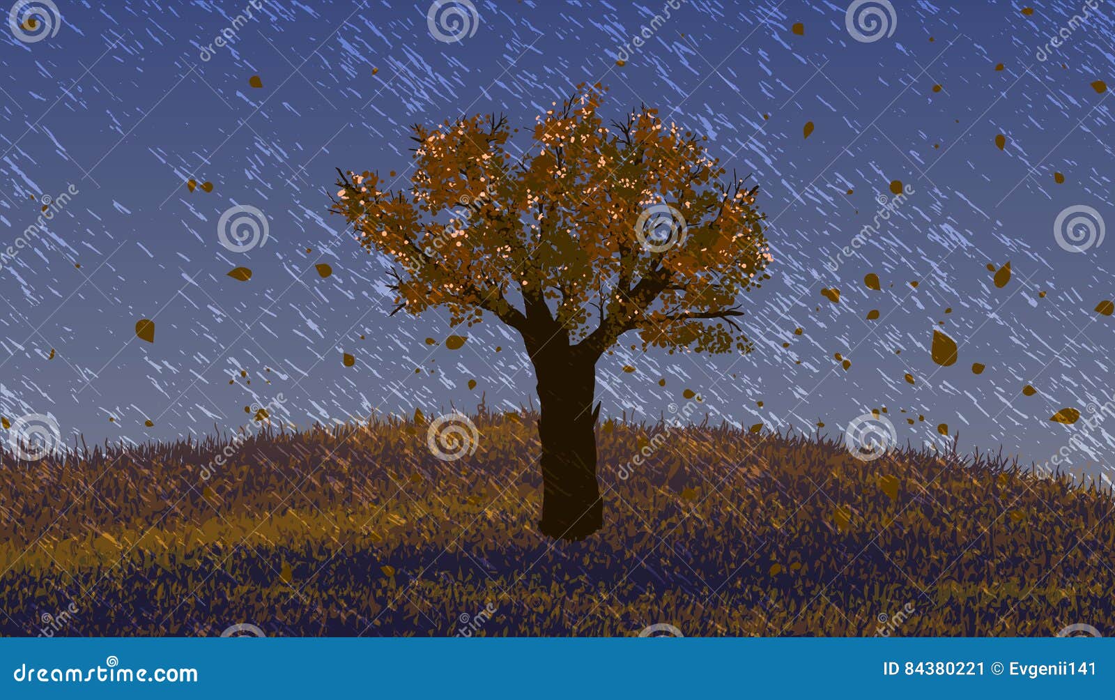 Pouring Rain. Deciduous Tree with Orange Leaves on the Hill Stock ...