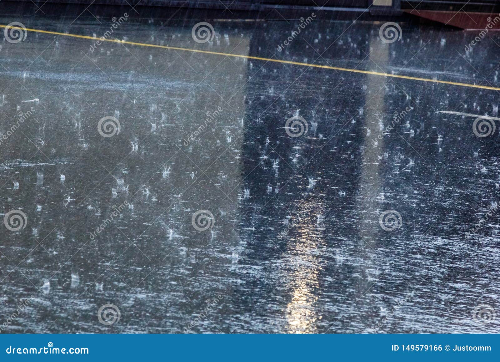 The Pouring Rain, with a Thunderstorm and a Thunder, Water Flows on ...