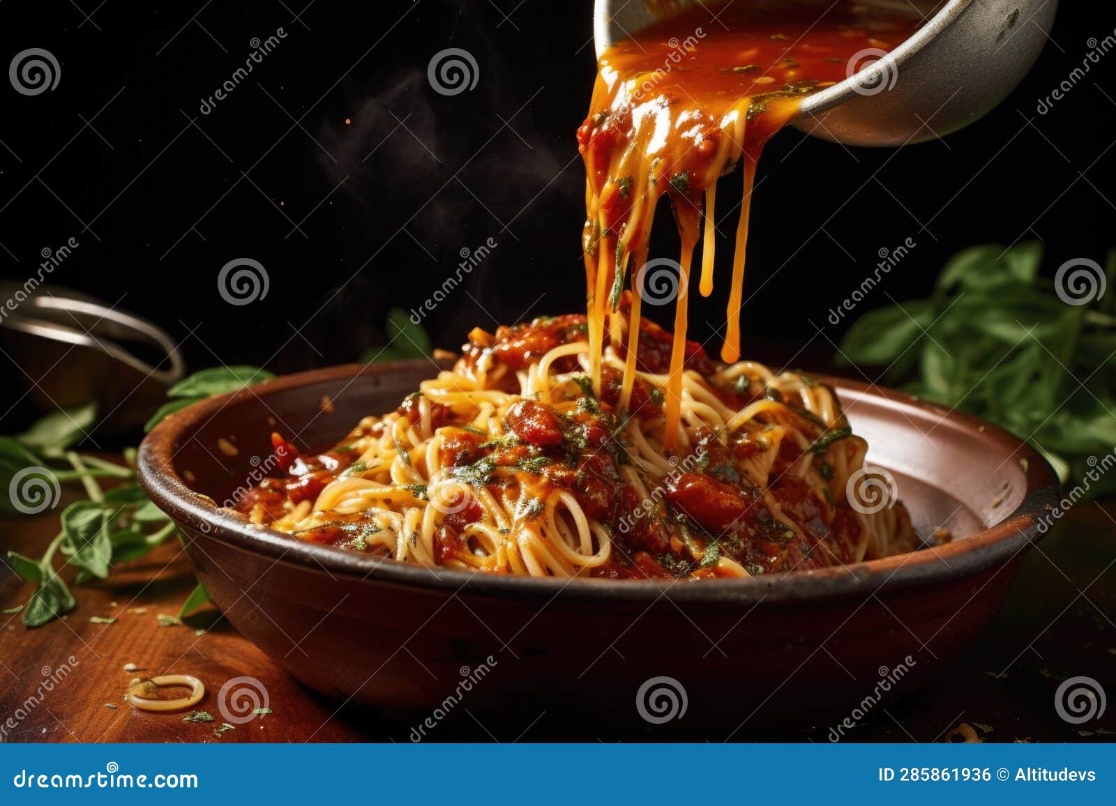 Pouring Sauce Over Freshly Cooked Pasta in a Bowl Stock Photo - Image ...