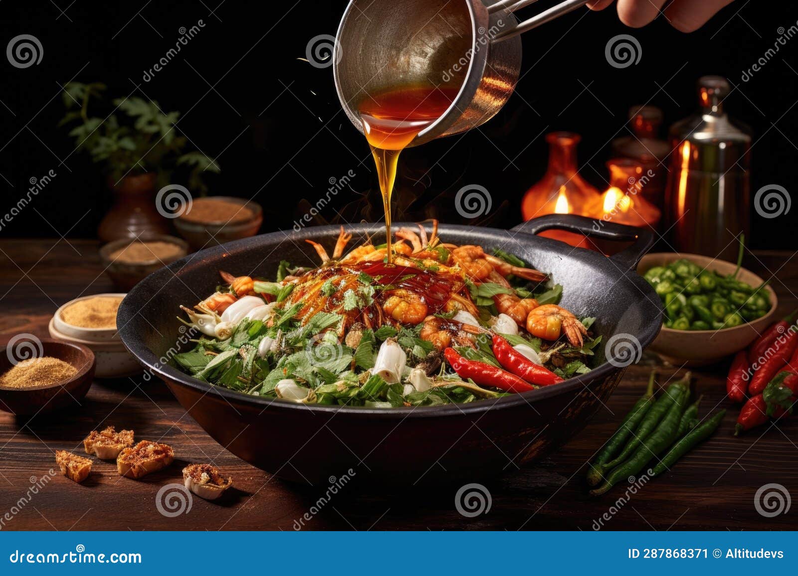 Pouring Sauce into a Wok Filled with Ingredients Stock Image - Image of ...