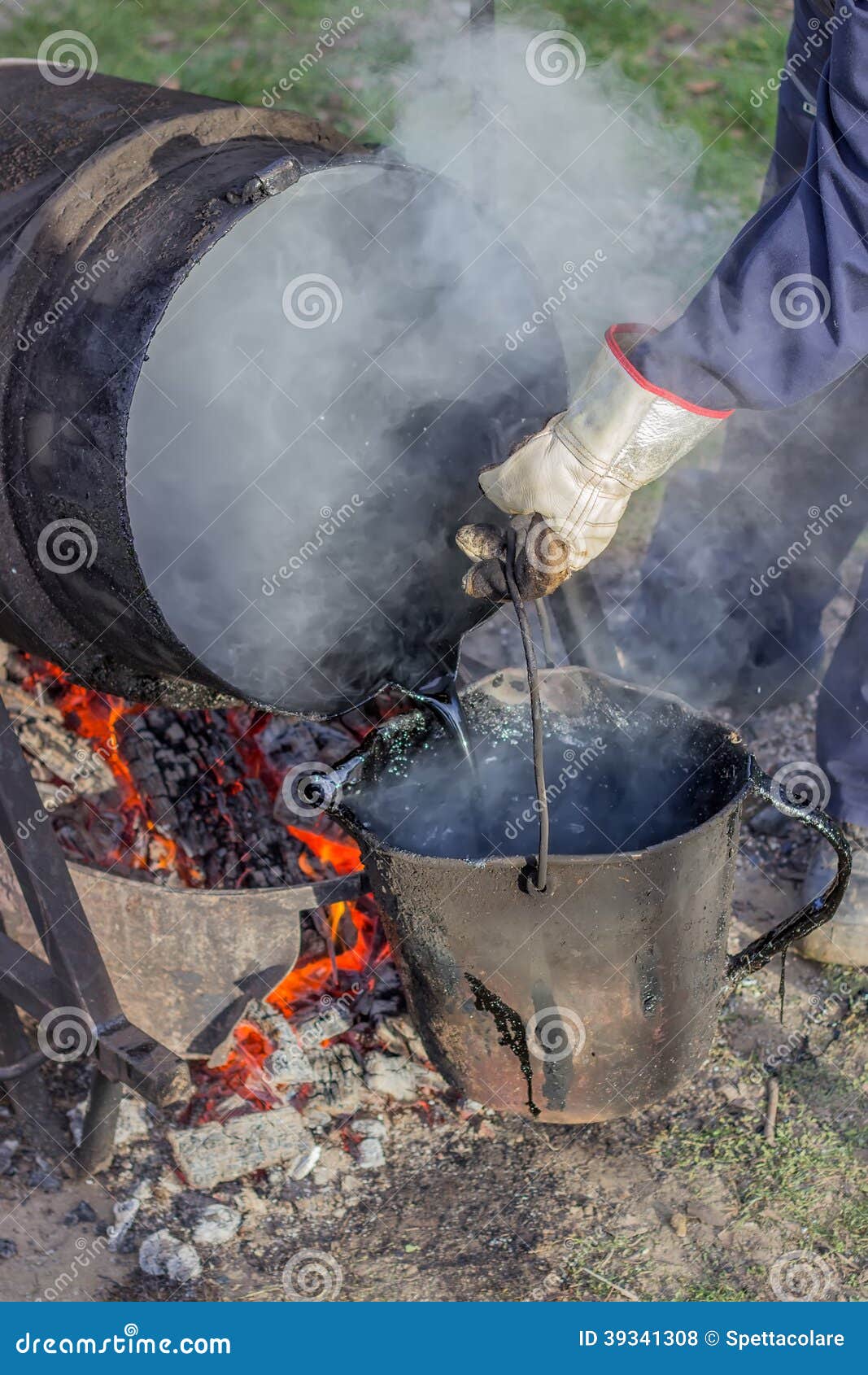 Pouring Tar from the Melting Device Stock Photo - Image of flame ...