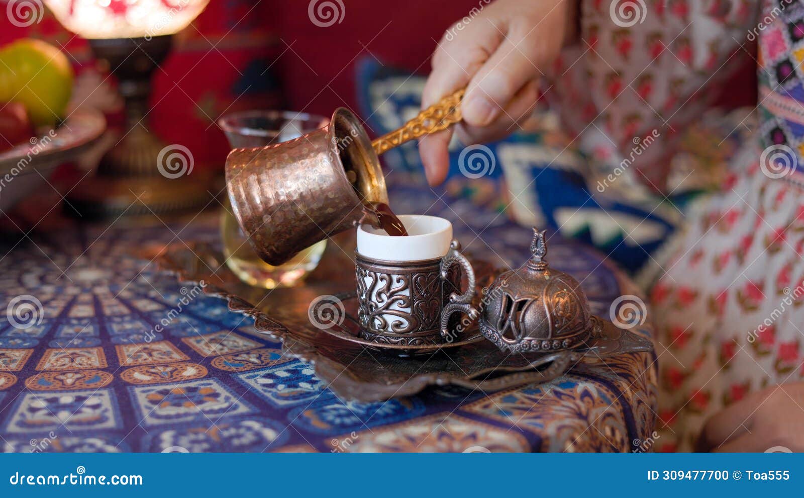 Pouring Turkish Coffee from Cezve into Cup Stock Photo - Image of ...
