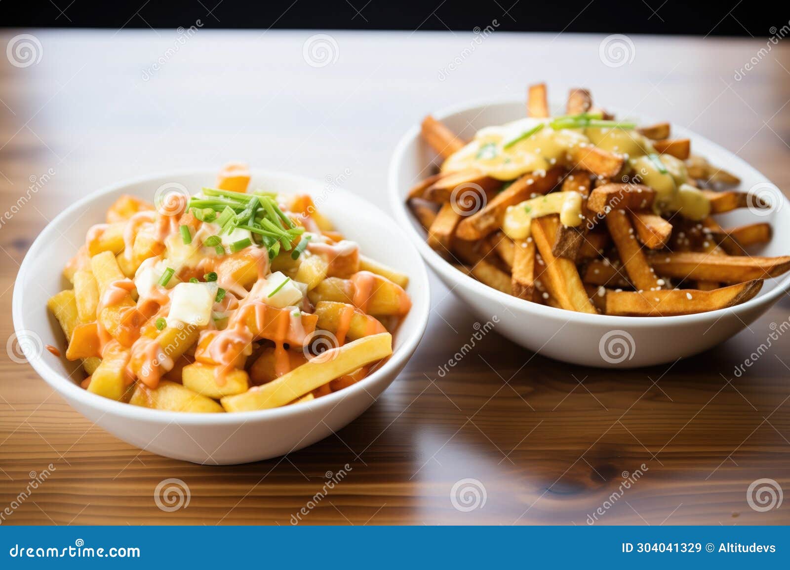 Poutine with Different Cheese Options, Side by Side Stock Image - Image ...