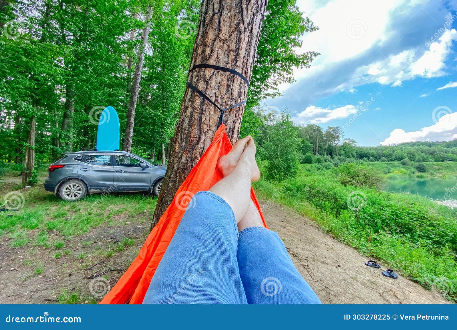 Pov Man Laying Down on Hammock Car with Supboard on Background Stock ...