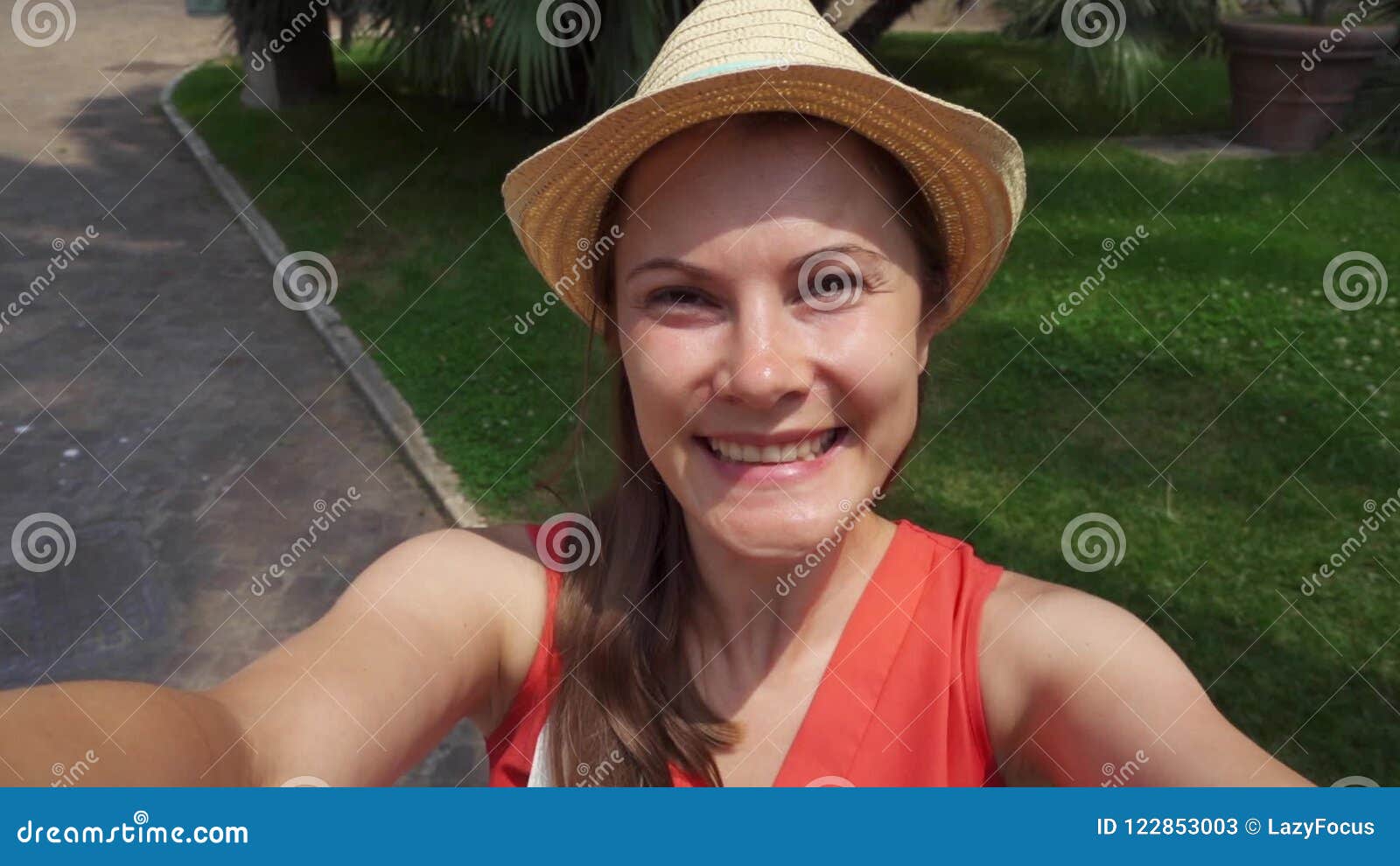 Pov Portrait Of Woman In Green Park Female Traveler Smiling And Making