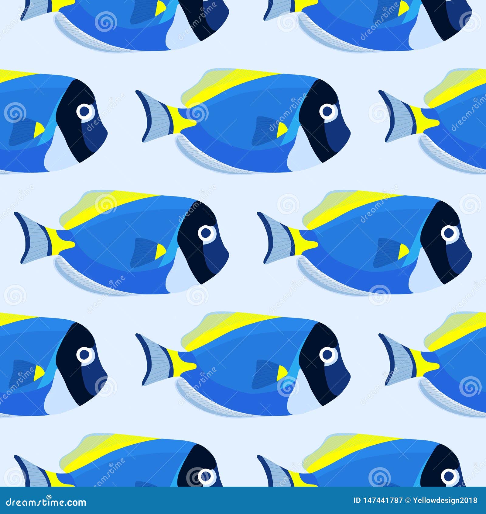 Powder Blue Tang Fish Seamless Pattern. Acanthurus Surgeon Fish Cartoon ...
