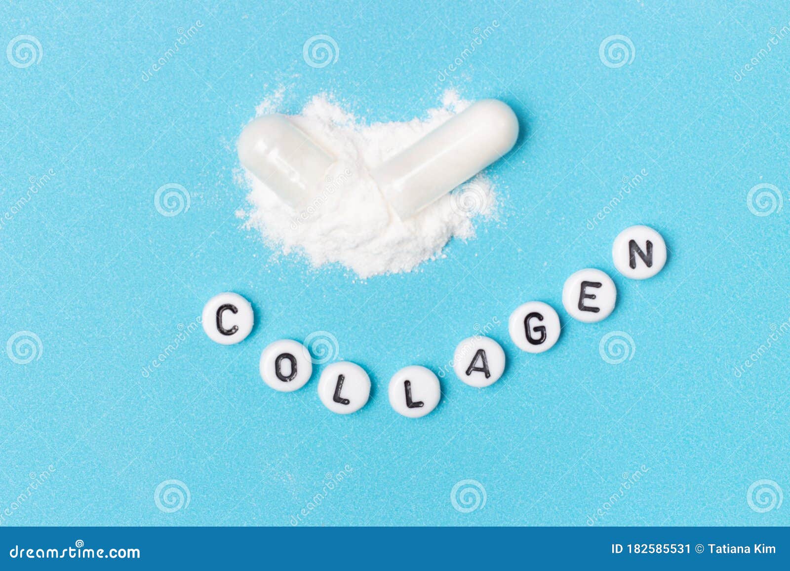 Powder, Capsule and Collagen Inscription on Blue Background Stock Image ...