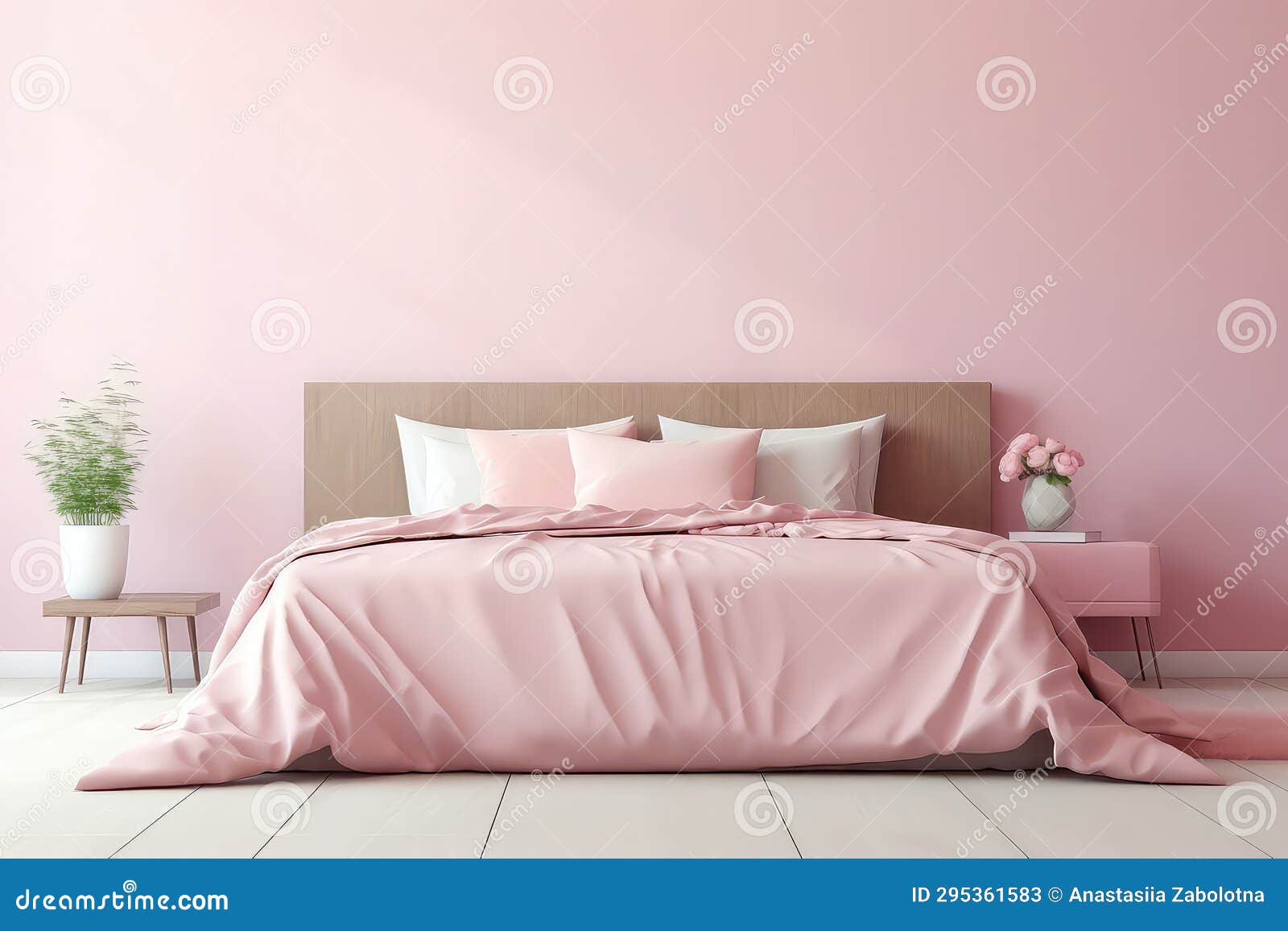 Powder Pink Interior Design with Pink Bedsheets Stock Illustration ...