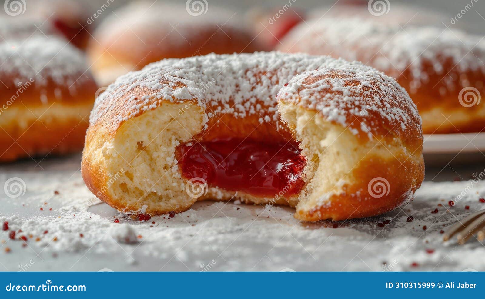 Powdered Doughnut Stuffed with Jelly with Bite Taken Out Stock ...
