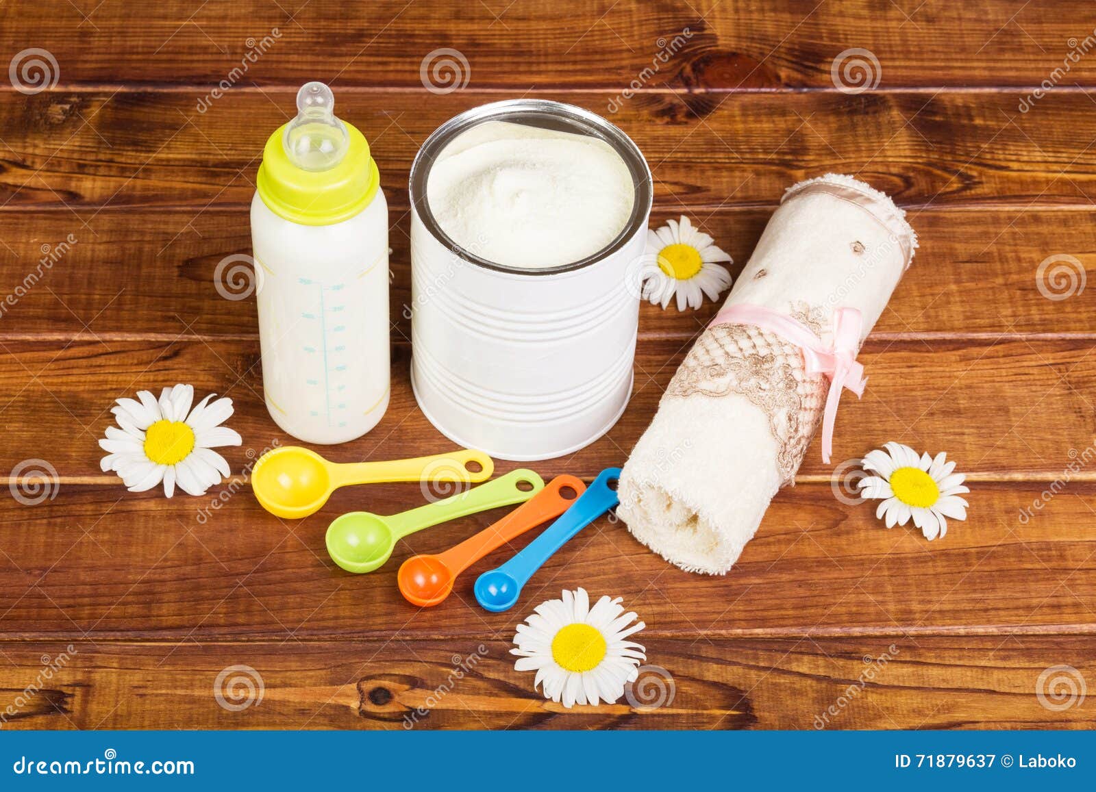 Powdered Milk, with Mixture Bottle, Measuring Spoons on Light Wood ...