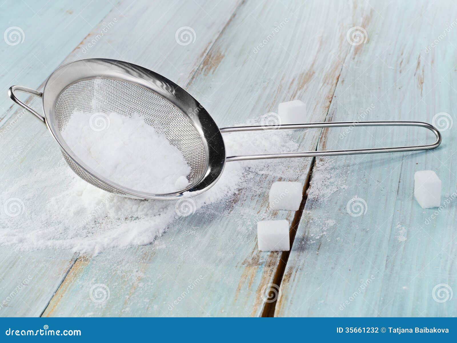Powdered Sugar in a Metal Sieve Stock Photo - Image of sieve, wood ...