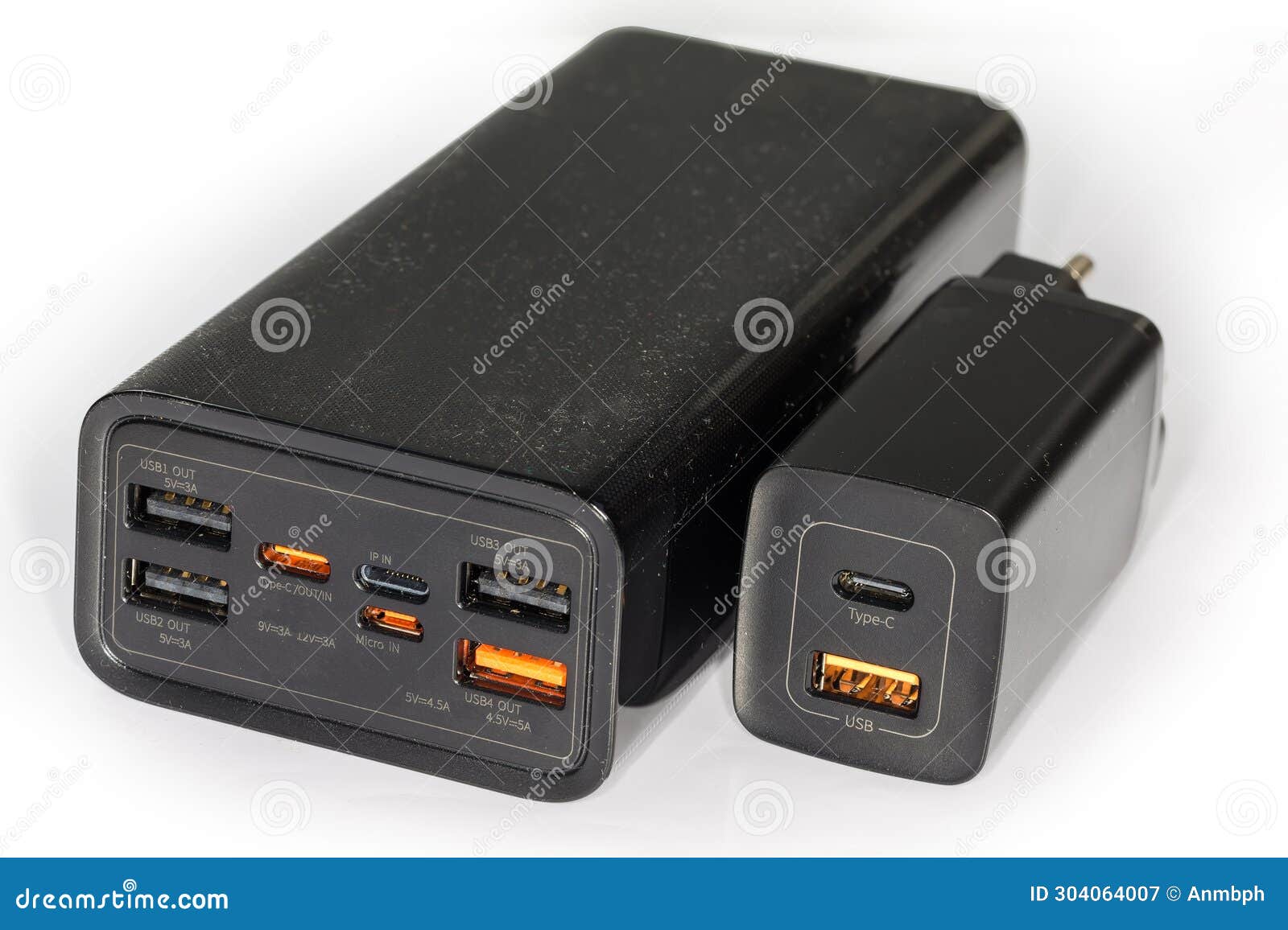 Power Bank and AC Charger Front Panels with Different Ports Stock Image ...