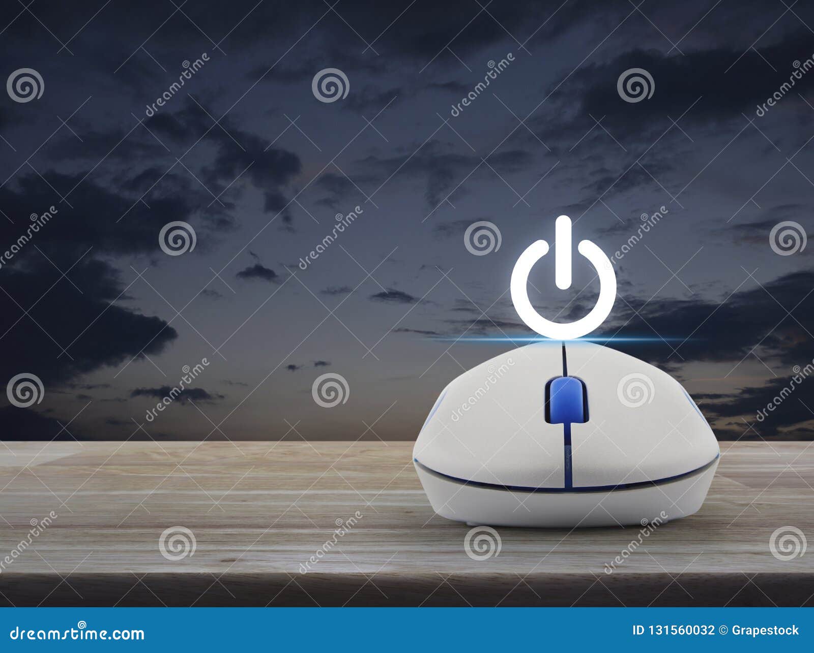 Power Button with Computer Mouse on Wooden Table Over Sunset Sky, Start ...