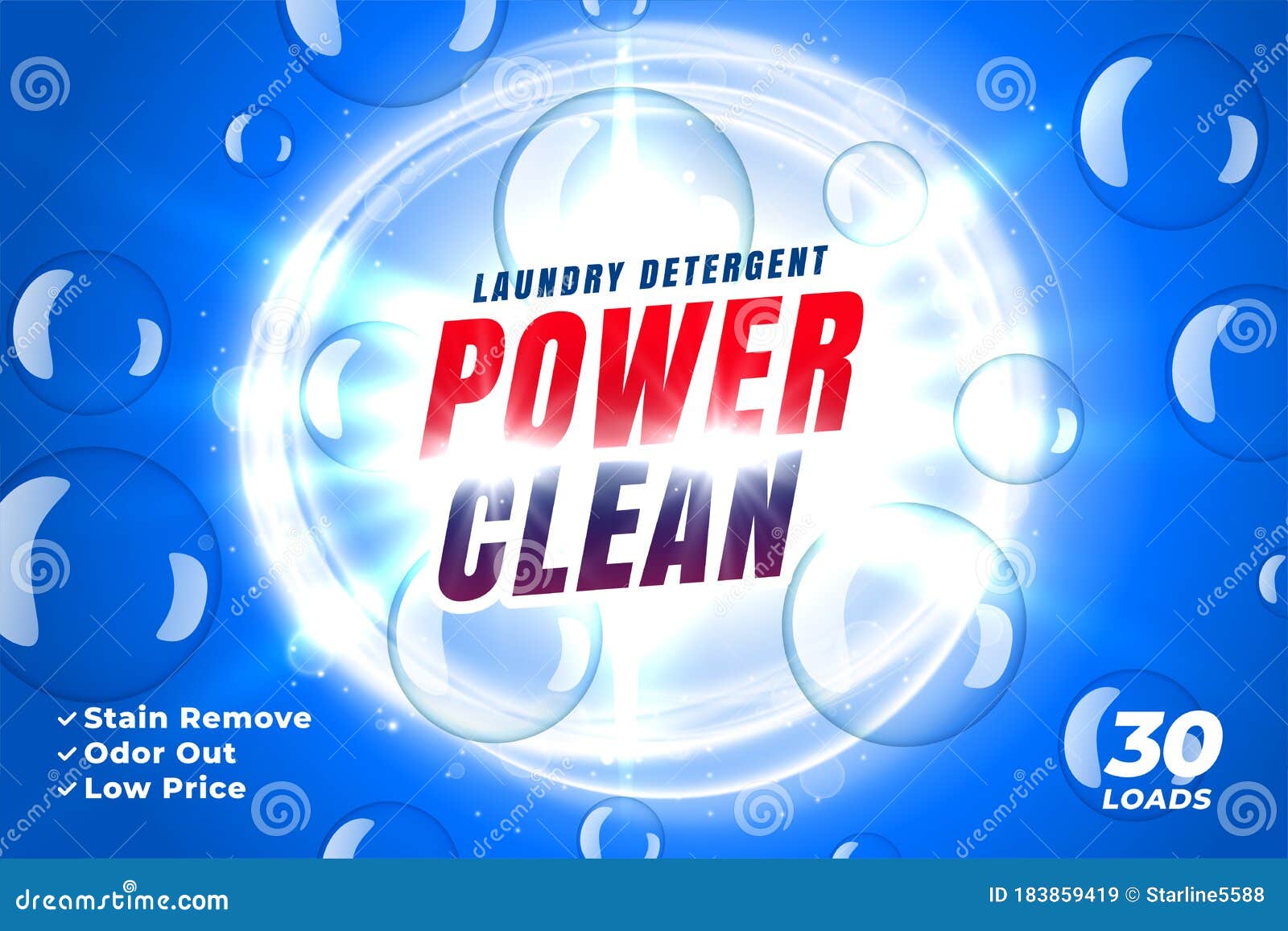 Power Clean Laundry Detergent Concept Packaging Banner Template Stock ...