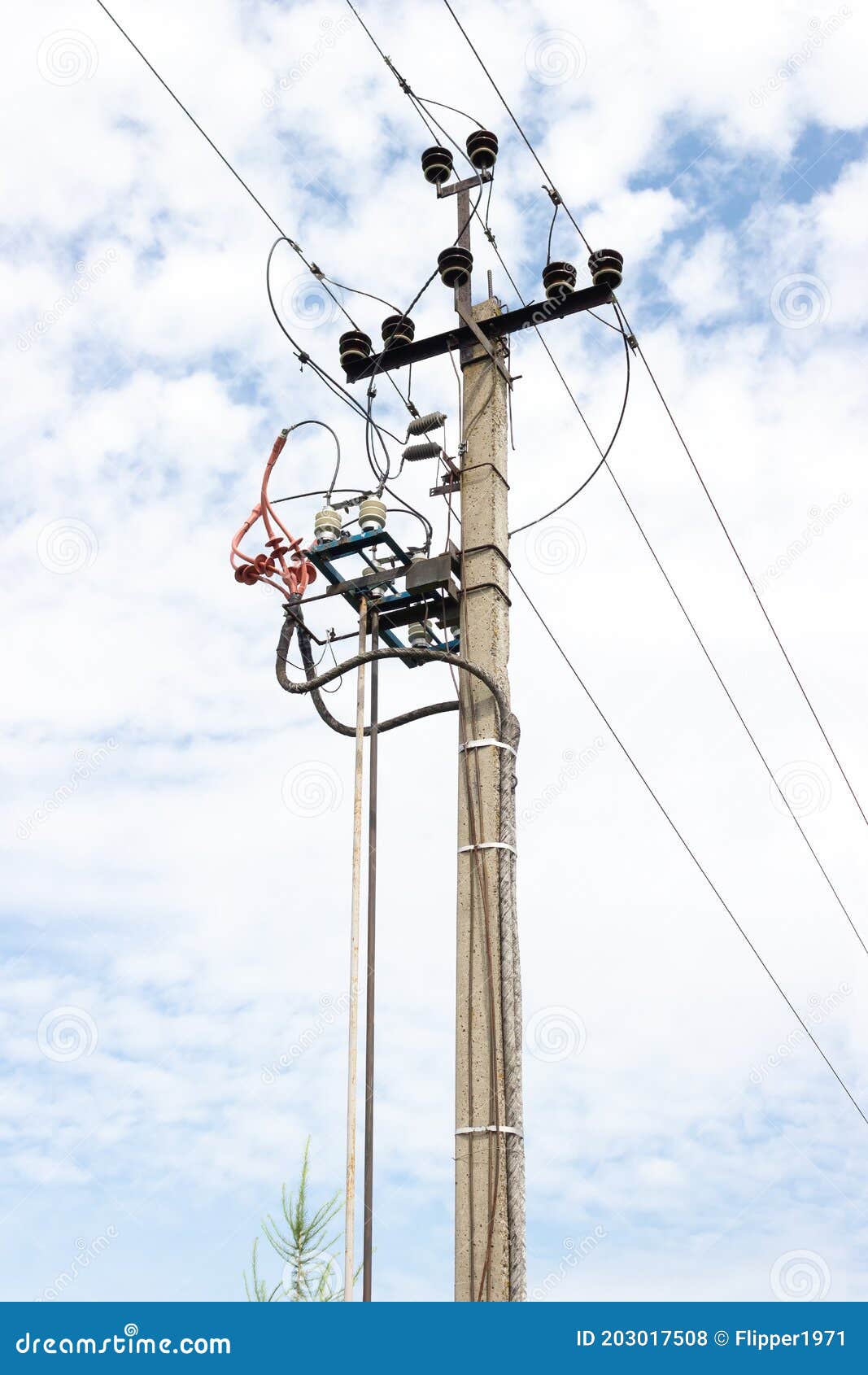 Distribution Pole with Connection To High Voltage Line Stock Photo ...