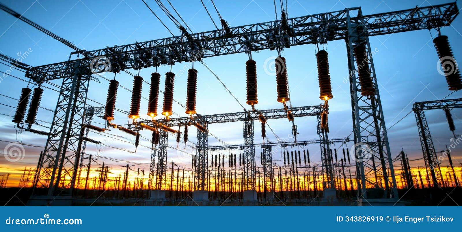 Power Distribution Grid at Sunset Transmission Towers, Switchgear, and ...