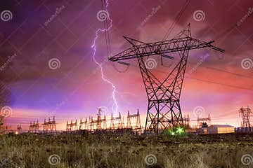Power Distribution Station with Lightning Strike. Stock Photo - Image ...