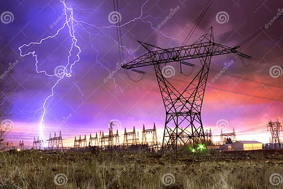Power Distribution Station with Lightning Strike. Stock Image - Image ...
