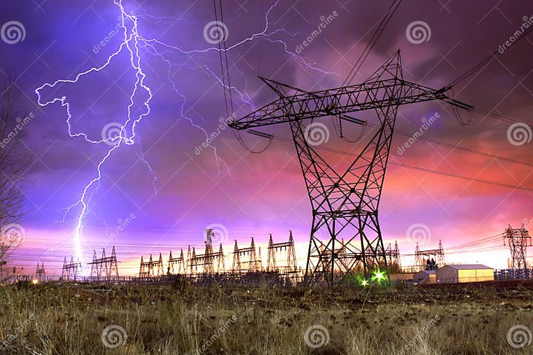 Power Distribution Station with Lightning Strike. Stock Image - Image ...