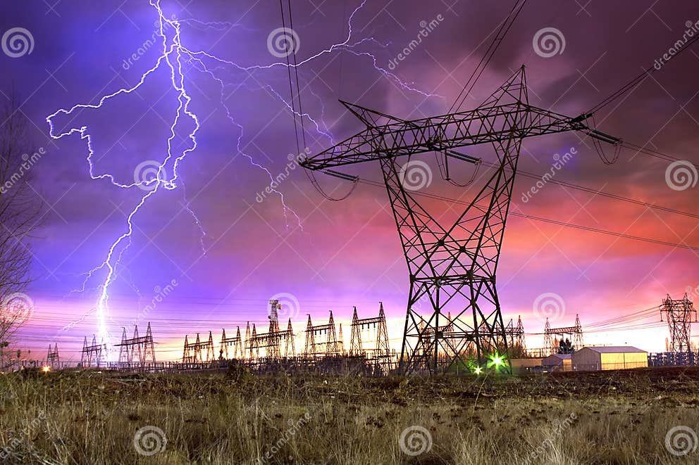 Power Distribution Station with Lightning Strike. Stock Image - Image ...