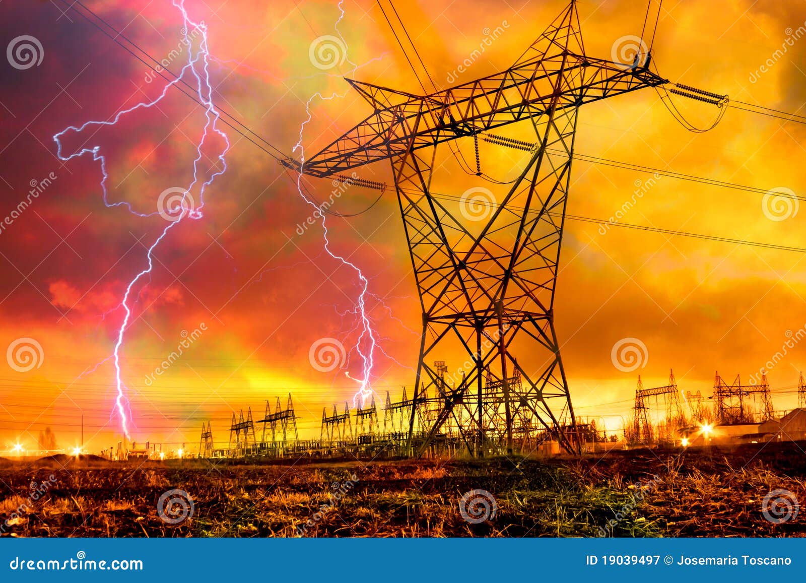 Power Distribution Station with Lightning Strike. Stock Image - Image ...