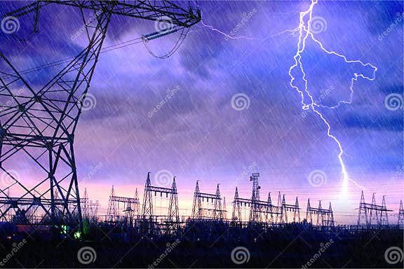 Power Distribution Station with Lightning Strike. Stock Image - Image ...
