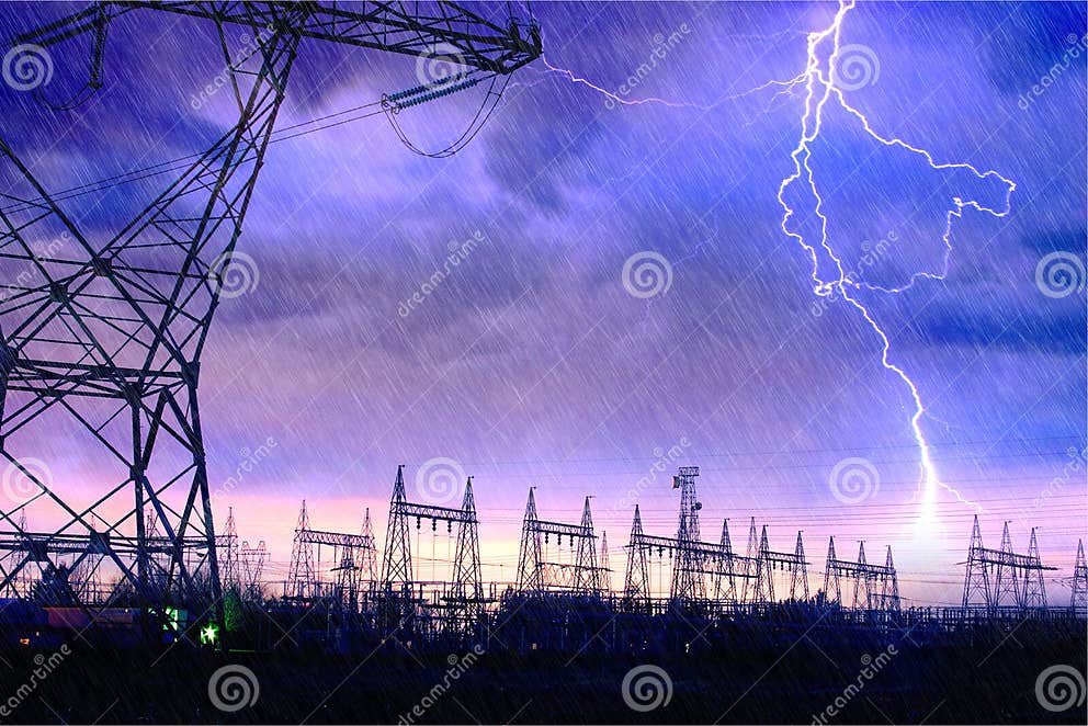 Power Distribution Station with Lightning Strike. Stock Image - Image ...