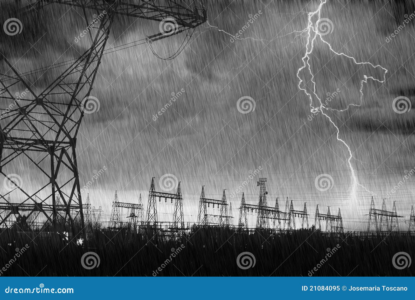 Power Distribution Station with Lightning Strike. Stock Image - Image ...