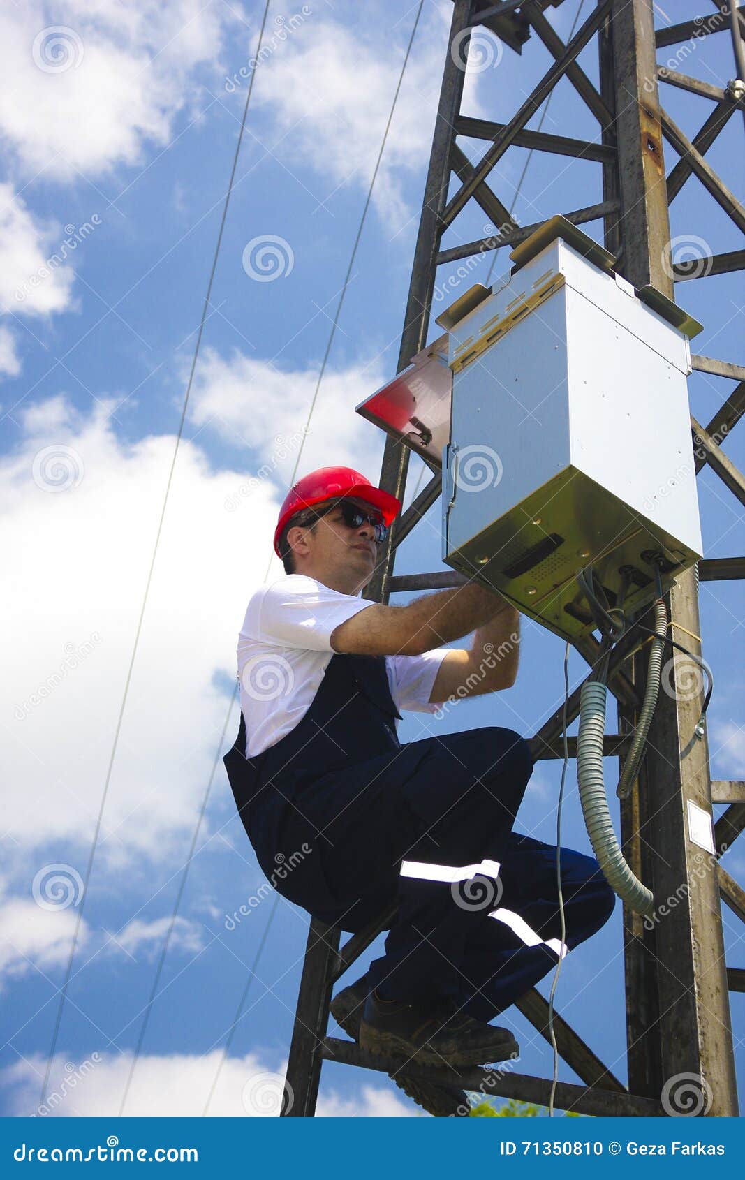 Power Electrician Lineman at Work on Pole Stock Photo - Image of ...