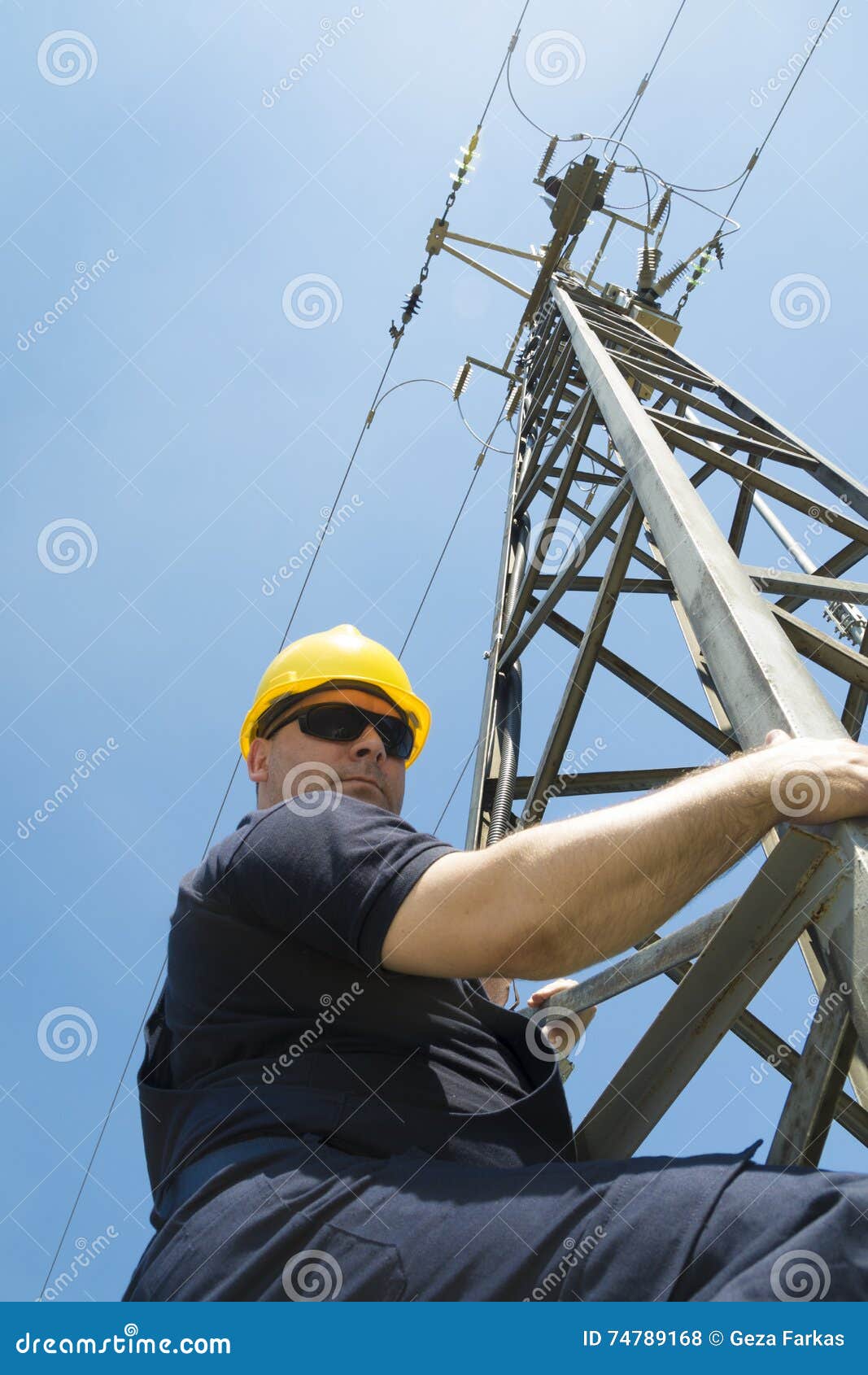 Power Electrician Lineman at Work on Pole Stock Photo - Image of ...