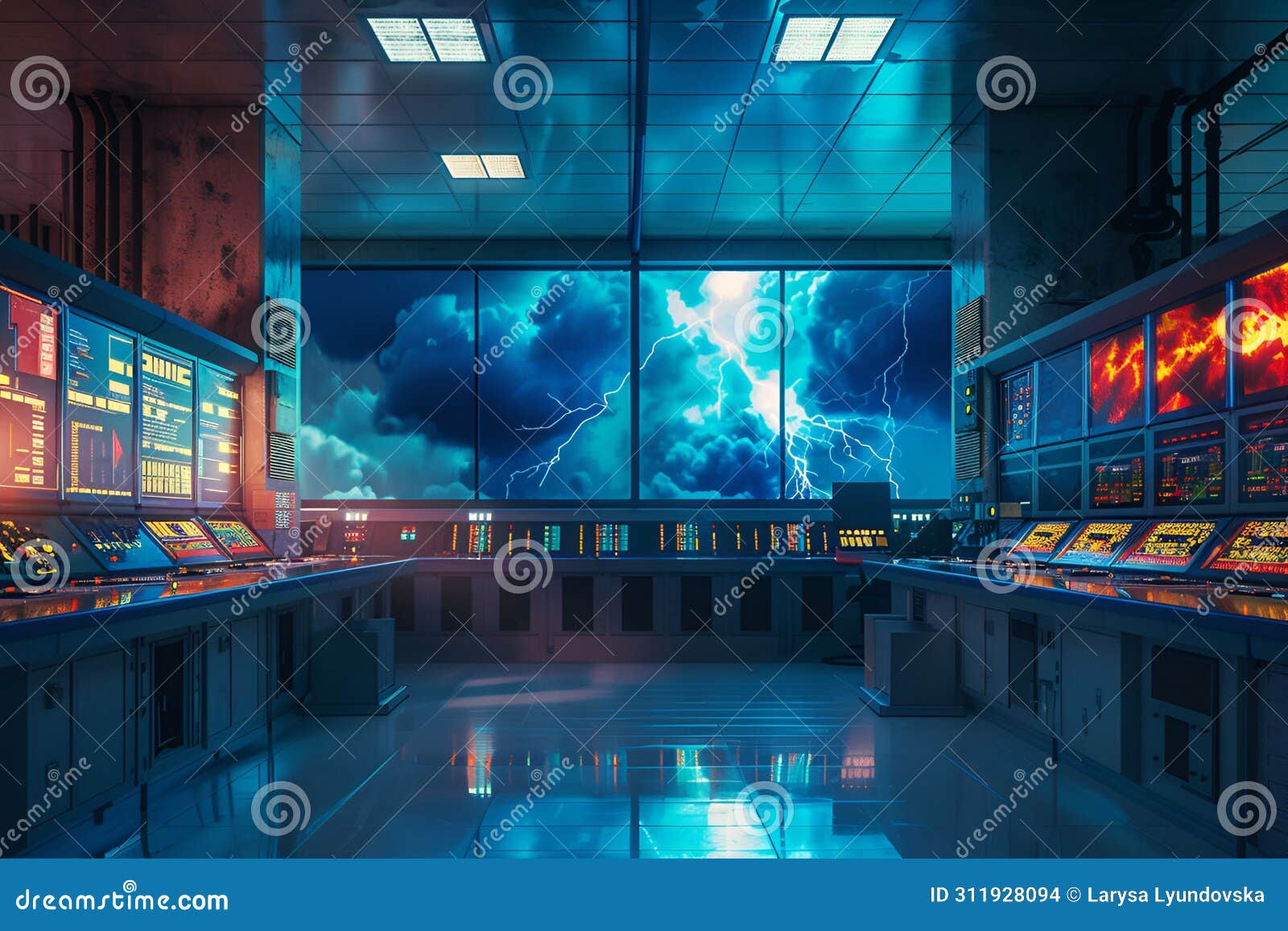 A Power Grid Control Room with Monitors Displaying Warnings about ...