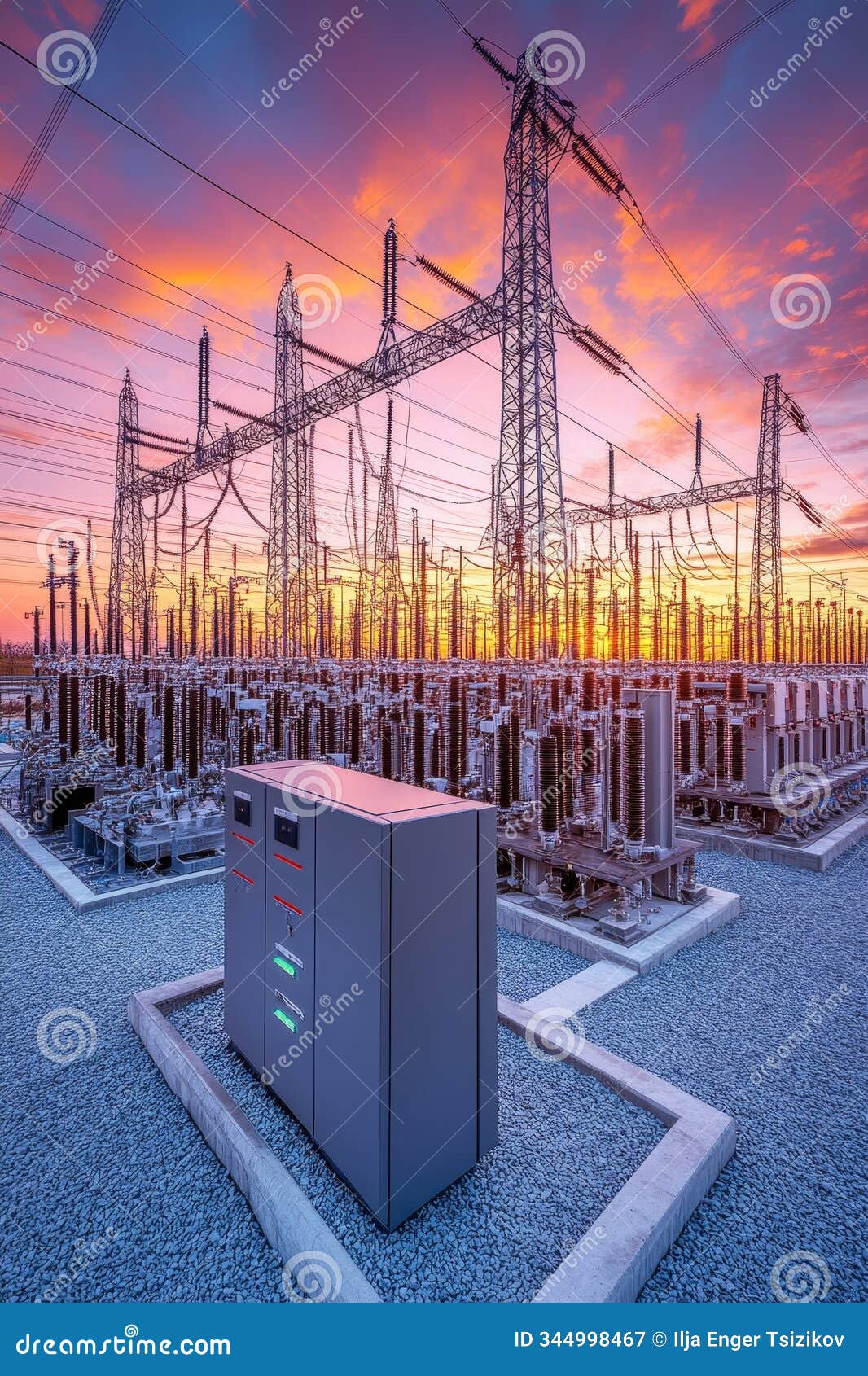 Power Grid at Sunset Electrical Substation with Switchgear ...